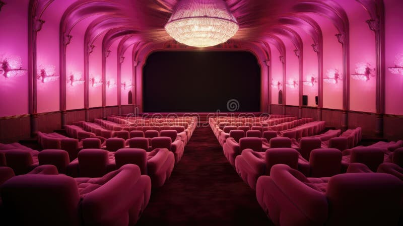 Empty Pink Cinema Hall. View of Empty Cinema Screen with Rpink Chairs ...