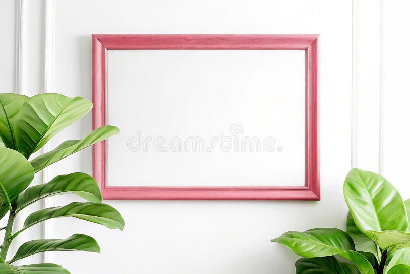 Empty Pink Frame on White Wall, Flanked by Lush Plants Stock ...