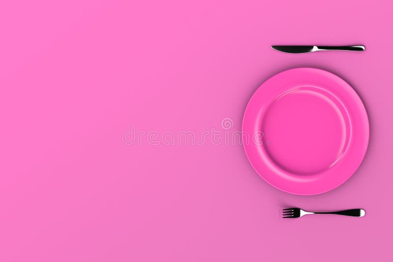 An Empty Pink Plate on a Pink Table and a Fork with a Knife. Top View ...