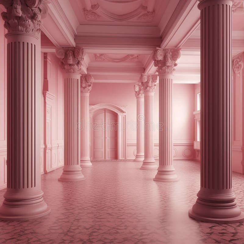 Empty Pink Room Hall with Columns and Stucco on the Ceiling, Baroque ...