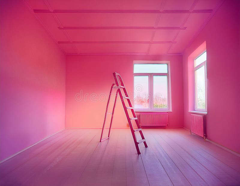 Empty Pink Room with Ladder and Natural Light Stock Photo - Image of ...