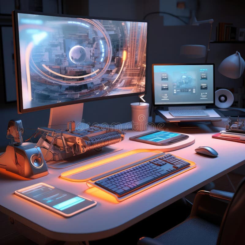 The Computer Desk of the Programmer of the Future Stock Illustration ...