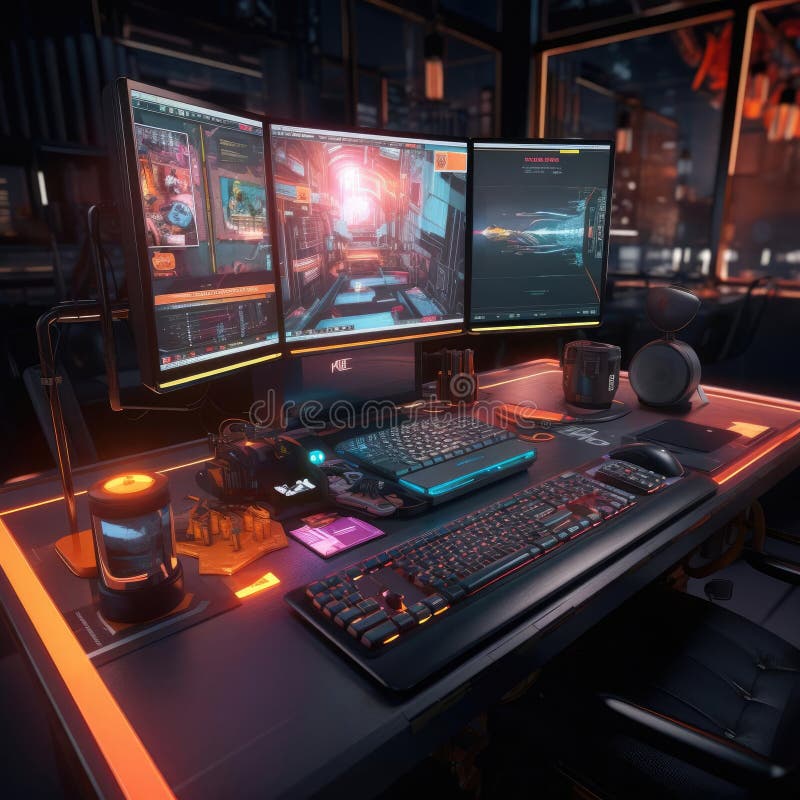 The Computer Desk of the Programmer of the Future Stock Illustration ...