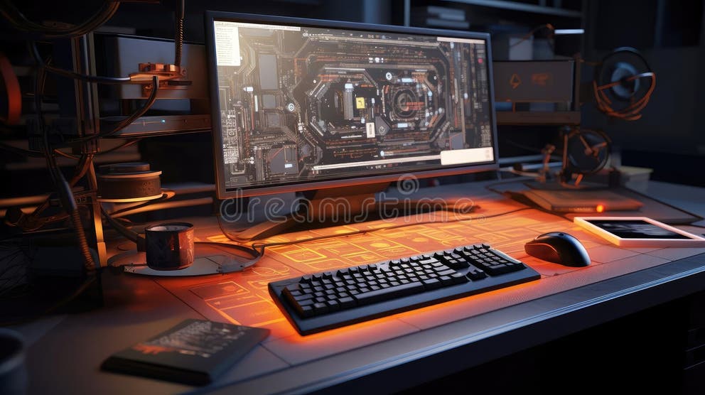 The Computer Desk of the Programmer of the Future Stock Illustration ...