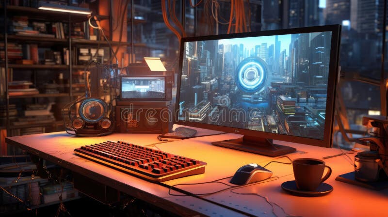 The Computer Desk of the Programmer of the Future Stock Illustration ...