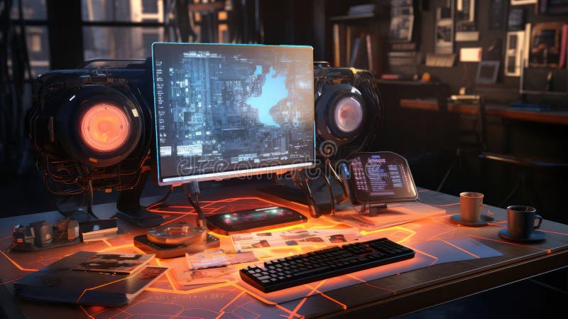 The Computer Desk of the Programmer of the Future Stock Illustration ...