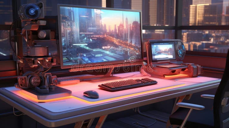 The Computer Desk of the Programmer of the Future Stock Illustration ...