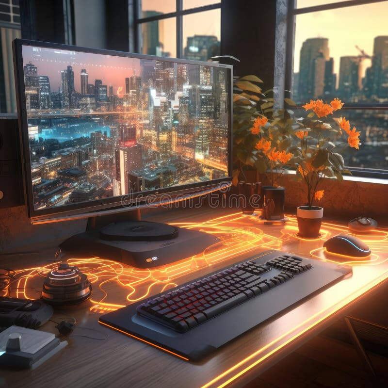 The Computer Desk of the Programmer of the Future Stock Illustration ...