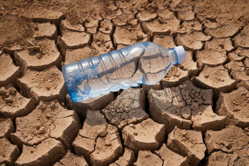 Empty Plastic Bottle Rests on Parched Ground, Emphasizing Extreme Water ...