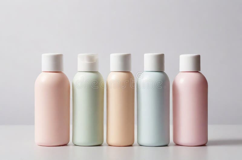 Empty Plastic Bottles in Five Pastel Colors on a Gray Background. Stock ...