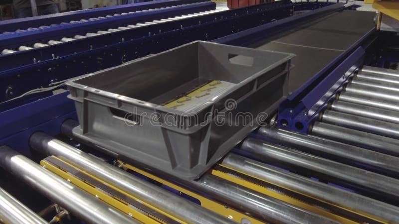 An Empty Plastic Box Moves Along a Roller Conveyor. Stock Footage ...