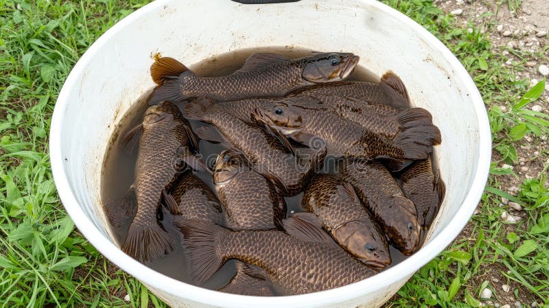 An Empty Plastic Bucket Holds Several Dead Fish and One Pink Eel, with ...