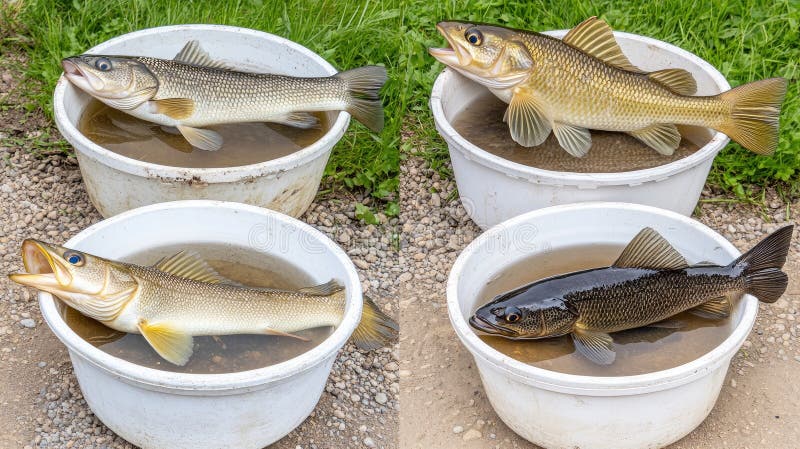 An Empty Plastic Bucket Holds Several Dead Fish and One Pink Eel, with ...