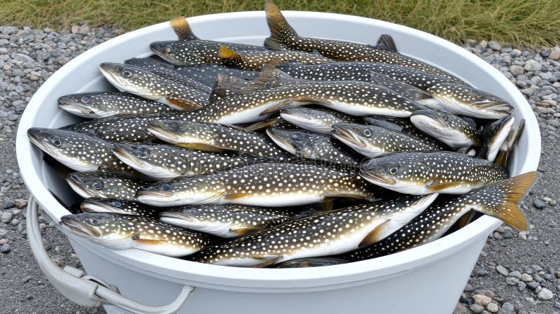 An Empty Plastic Bucket Holds Several Dead Fish and One Pink Eel, with ...