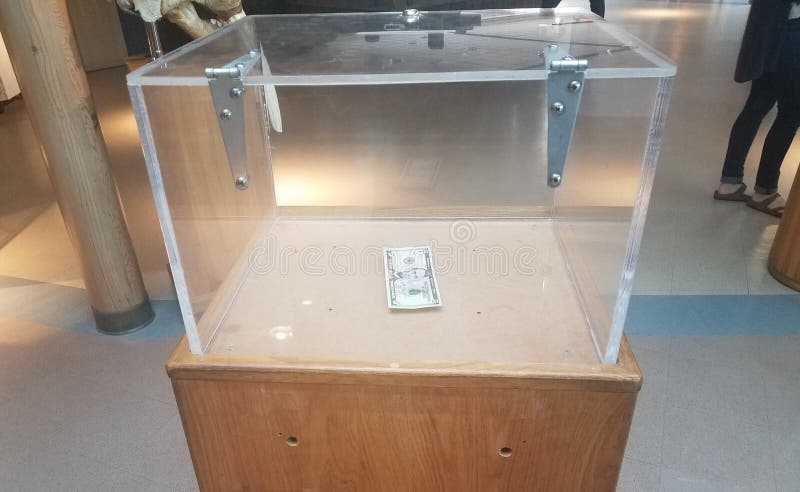 Empty Plastic Donation Box with Five Dollar Bill Stock Image - Image of ...