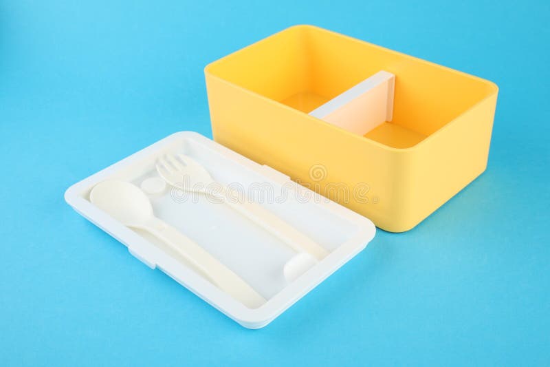 Empty Plastic Lunch Box Cutlery Light Blue Background Stock Photos ...