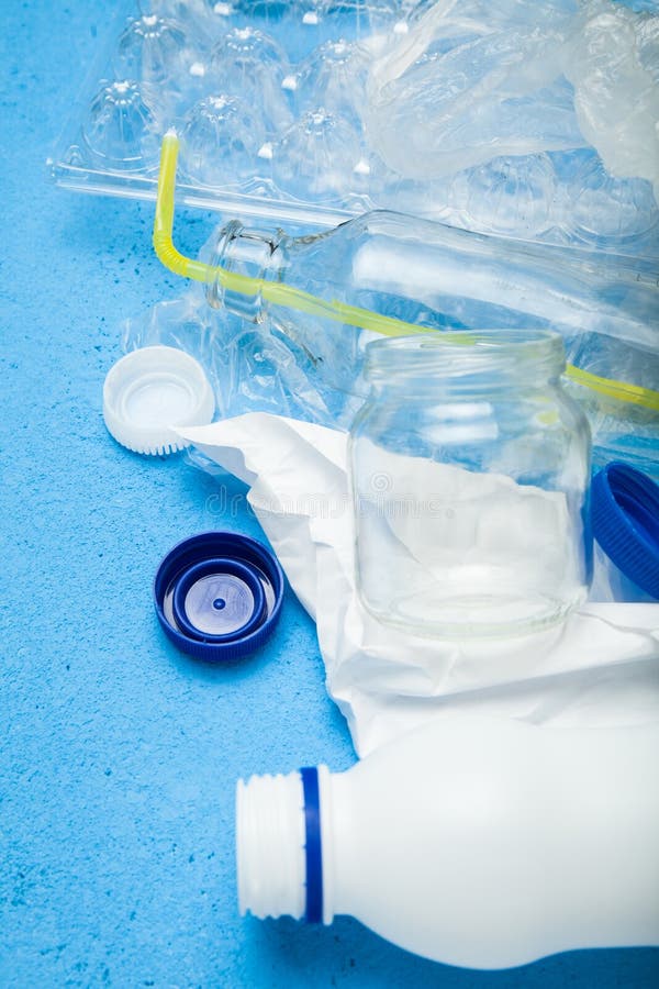 Empty Plastic and Paper Used Packaging for Food and Drinks, Vertically ...