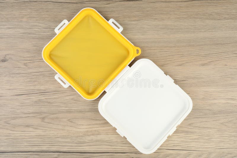 Empty Plastic Sandwich Box on Wooden Table, Top View Stock Photo ...