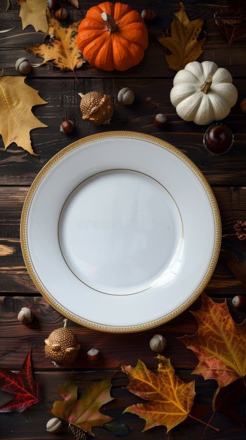 Empty Plate with Autumn Decorations on Wooden Table, Thanksgiving ...