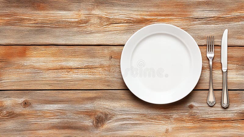 Empty Plate and Cutlery on Rustic Wooden Tabletop Stock Illustration ...