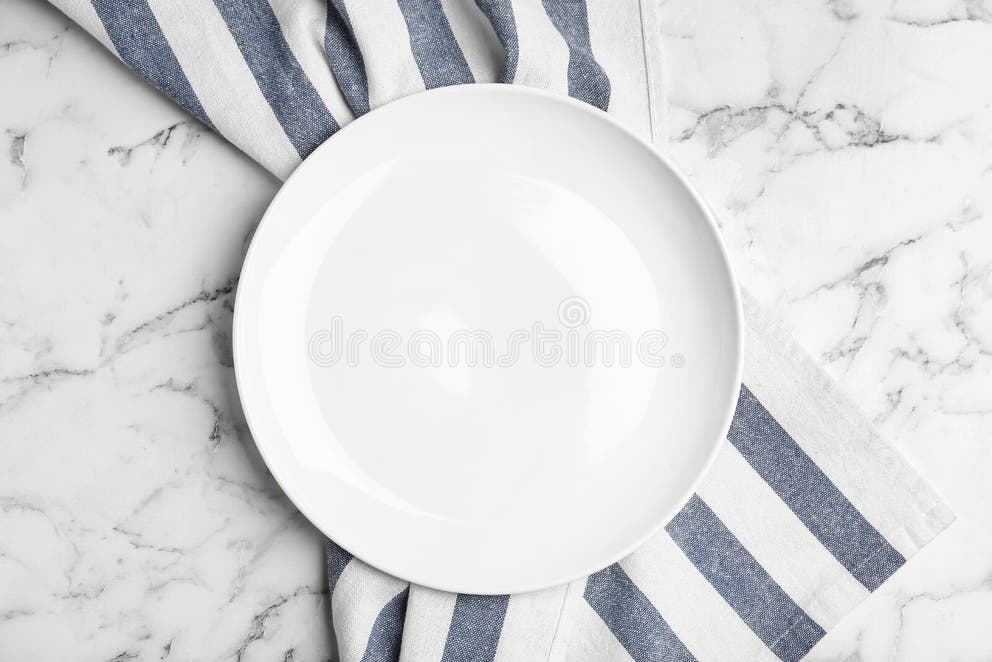 Empty Plate and Fabric on White Marble Table Stock Photo - Image of ...