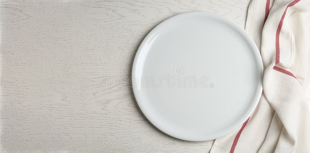 Empty Plate and Fabric on White Table, Flat Lay Stock Photo - Image of ...