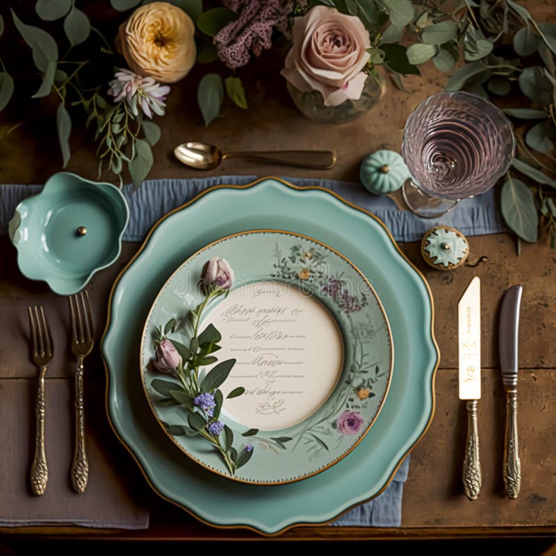 Empty Plate Flatlay Tablescape with Invitation Card and Generic ...