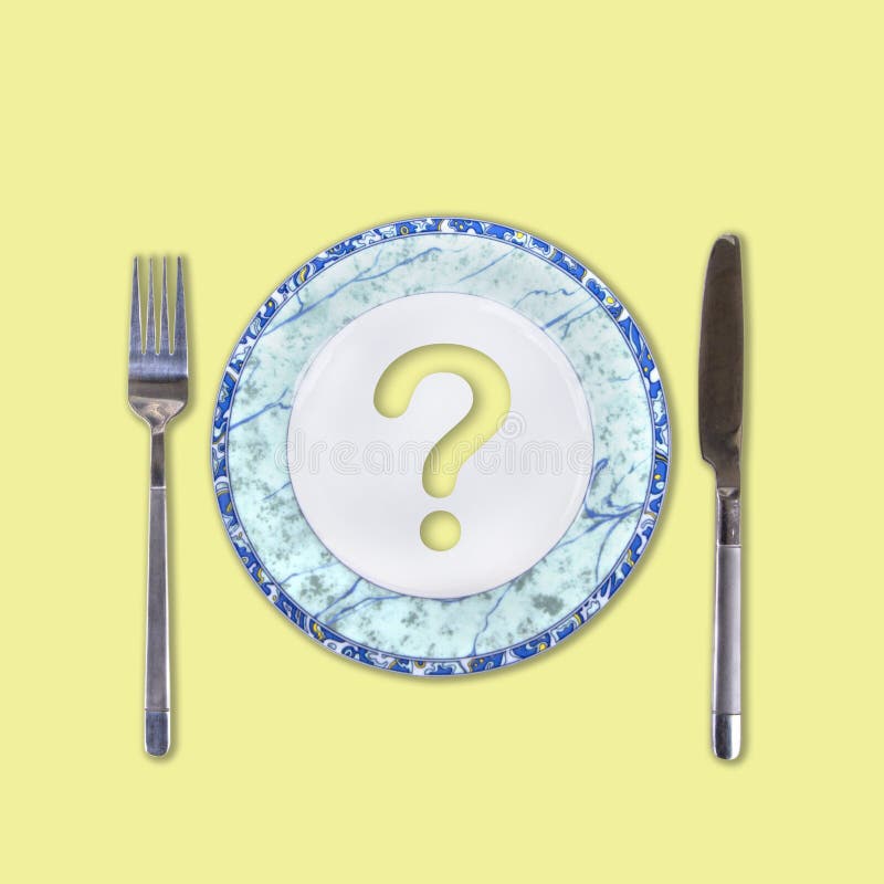 Empty Plate with Fork and Knife and Question Mark Lying on it Stock ...