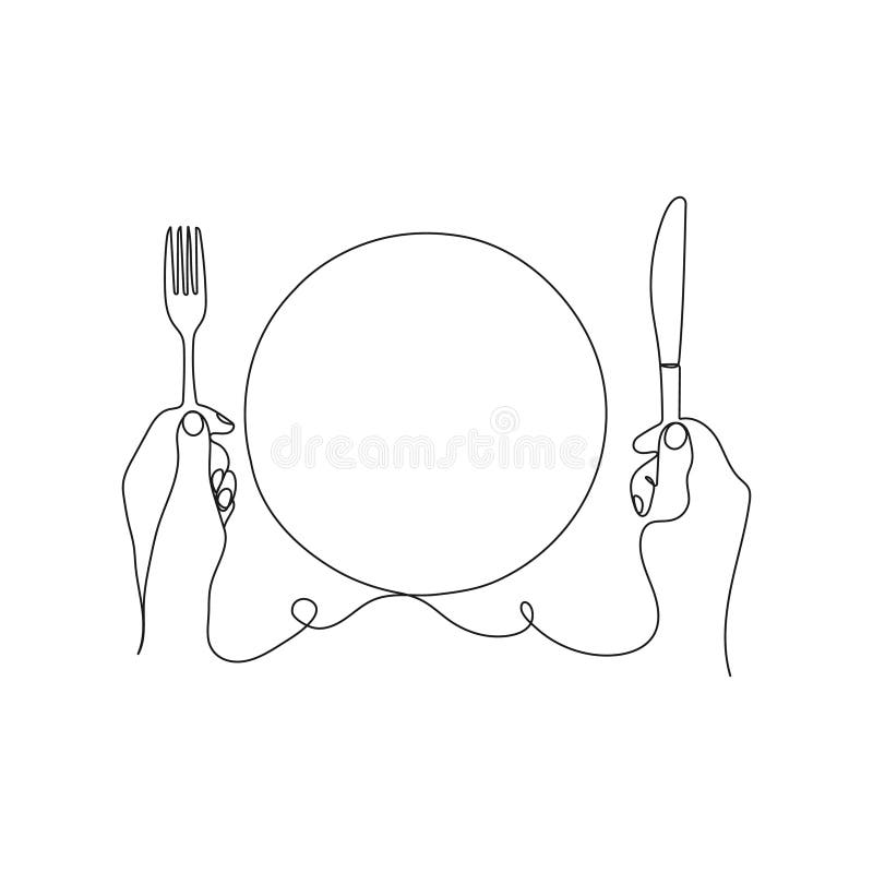 Plate and Hands Holding Fork and KnifeOne Line Art Stock Vector ...