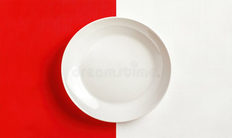 Empty Plate on Red and White Background, Minimalistic Design, Clean ...