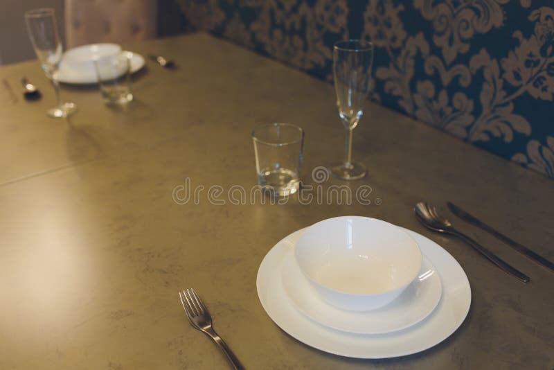 Empty Plate and Silverware Set on Wooden Table. Stock Image - Image of ...