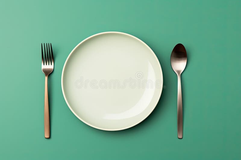 Empty Plate with Spoon and Fork on Green Background. Top View ...