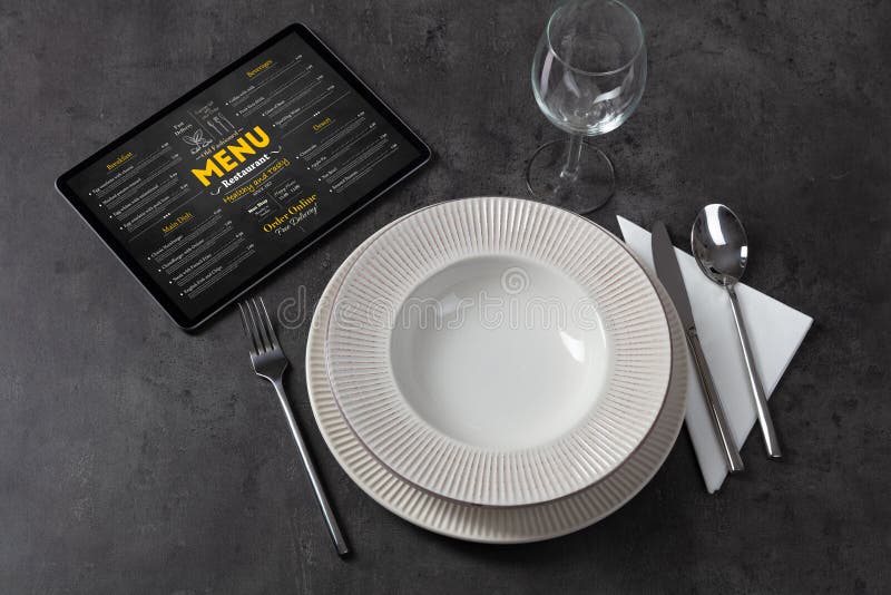 Tableware with Online Menu on Tablet Stock Photo - Image of knife ...