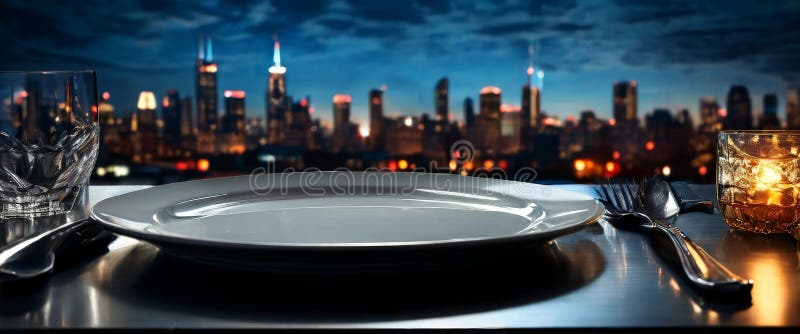 Empty Plate and Utensils with Cityscape at Night Stock Image - Image of ...