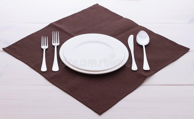 Empty Plates, Cutlery, Tablecloth on White Table Stock Photo - Image of ...