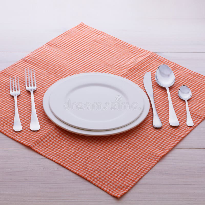 Empty Plates and Cutlery Tablecloth on Wooden Stock Photo - Image of ...