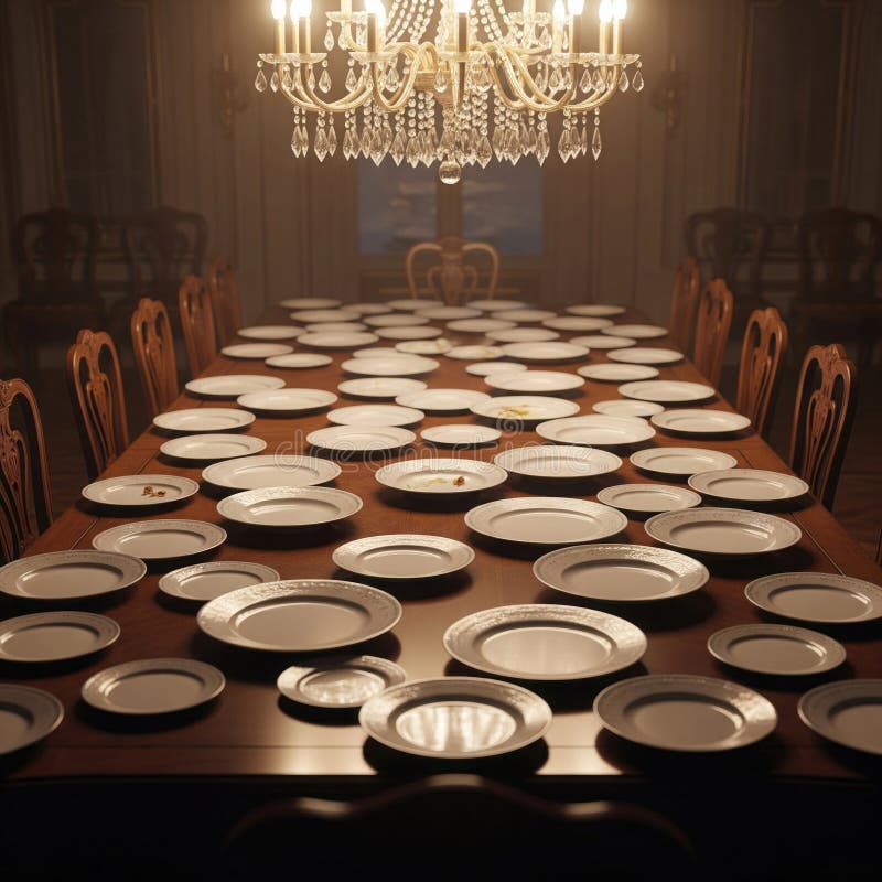 Empty Plates on a Long Table Under a Crystal Chandelier. Stock Photo ...