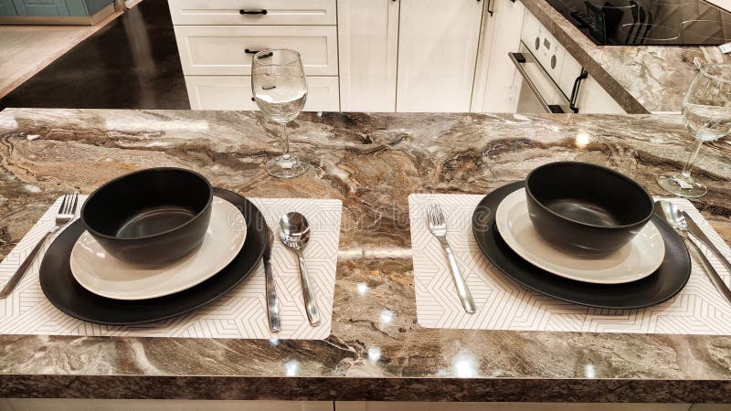 Empty Plates and Mugs on the Table. Beautiful Table Setting. Top View ...