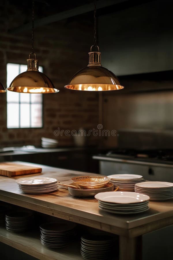 Empty Plates and Stacked Dishes on a Wooden Counter in a Rustic ...