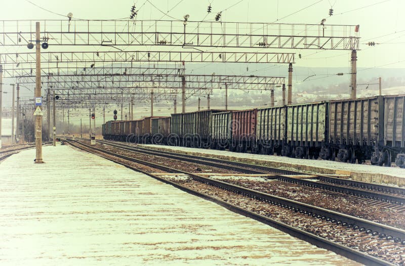 Empty Platform, Railway and Freight Train Stock Image - Image of gray ...