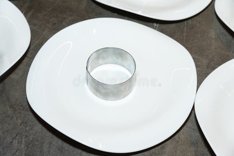 Empty Plating Ring Mold on White Plate Stock Image - Image of gourmet ...
