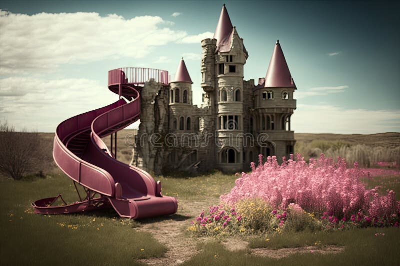 Empty Playground with Castle and Slide, Surrounded by Blooming Flowers ...