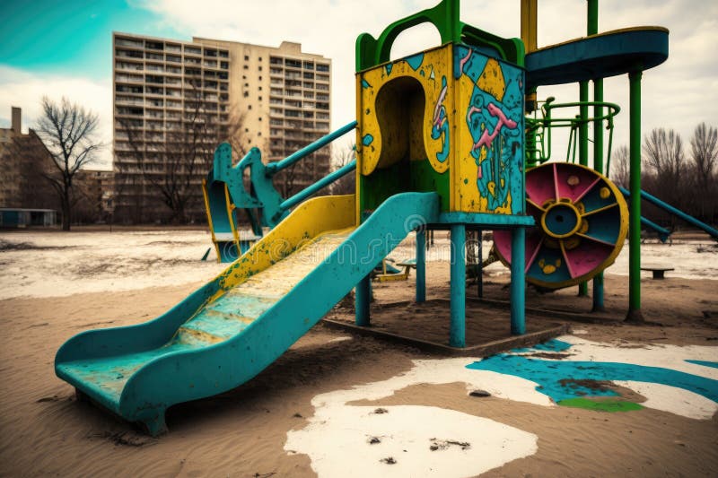Empty Playground with Colorful and Graffiti-covered Equipment, in Urban ...