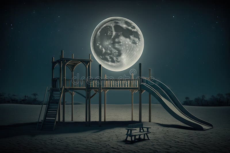 Empty Playground during the Night with a Full Moon in the Sky Stock ...