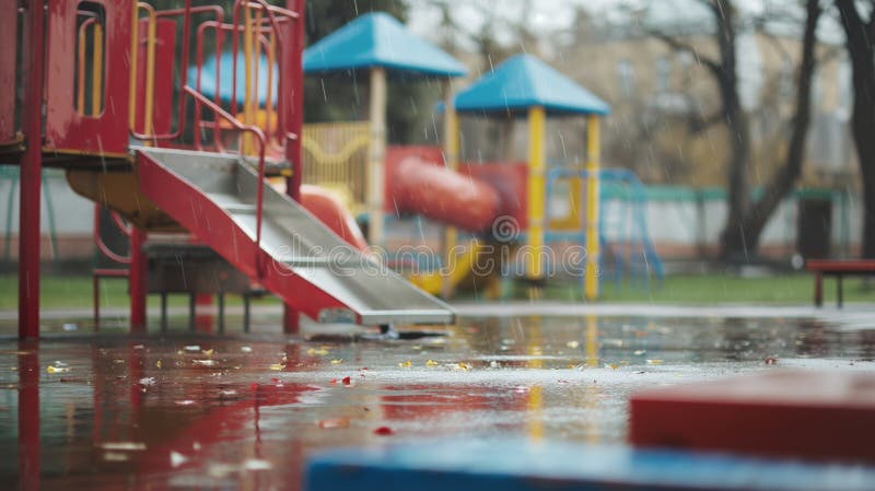 Empty Playground during Rain with Wet Surfaces Reflecting Colorful Play ...