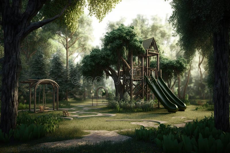 Empty Playground Surrounded by Towering Trees and Lush Greenery ...