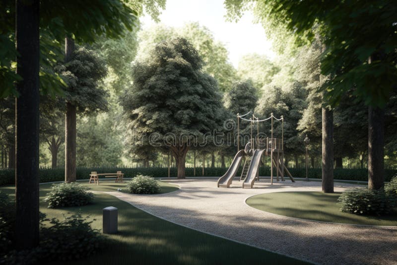 Empty Playground Surrounded by Towering Trees and Lush Greenery ...