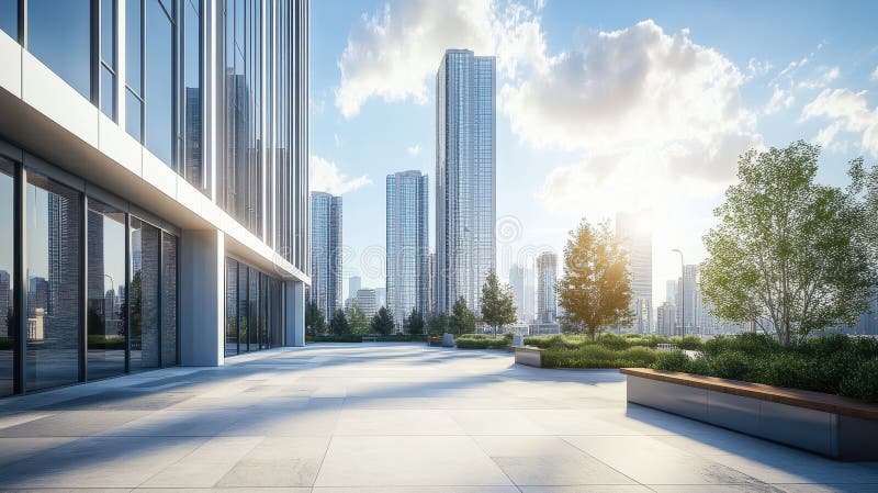Empty Plaza with Modern Office Building and Skyscrapers in the ...