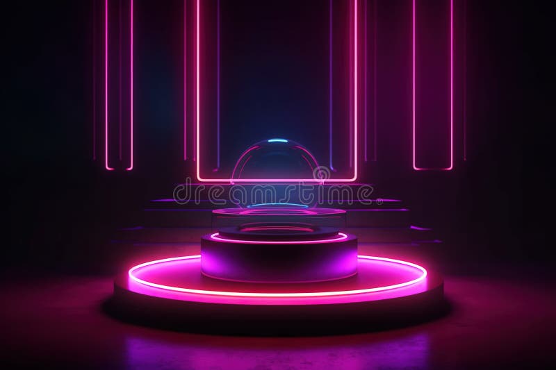 Empty Podium Floating in the Air with Line Neon Lamps. Modern Glowing ...