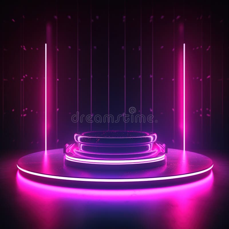 Empty Podium Floating in the Air with Line Neon Lamps. Modern Glowing ...